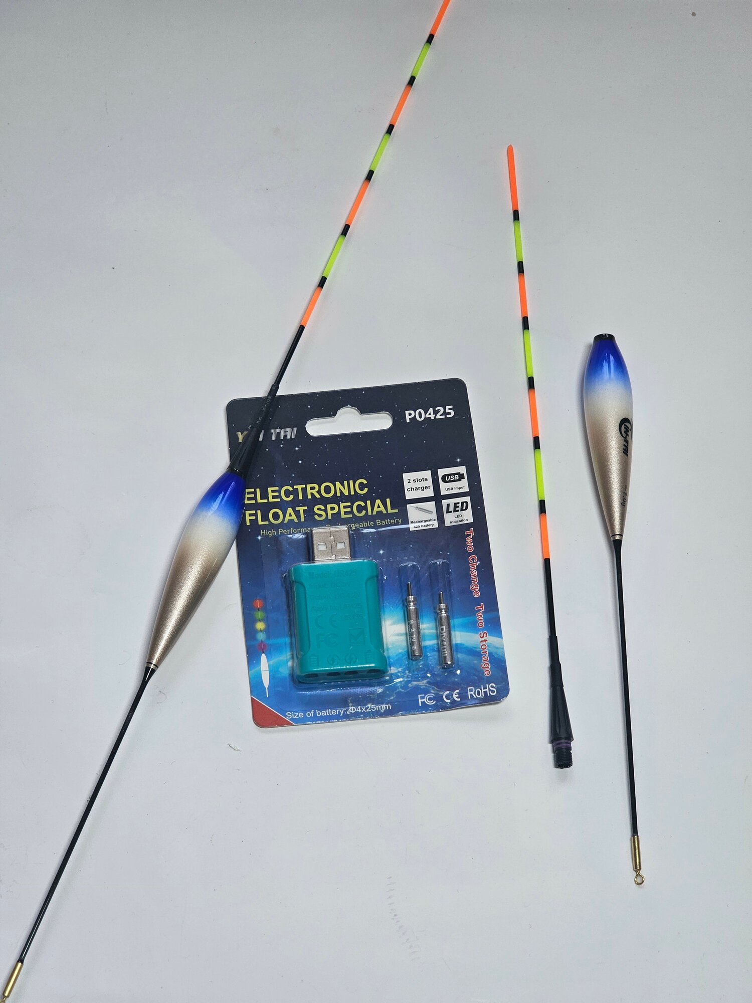 Набор из 2 ночных поплавков херабуна, меняют цвет при поклевке, 40 см, 7г, гибкая антеннка,+зарядка+2 аккумулятора+тубус