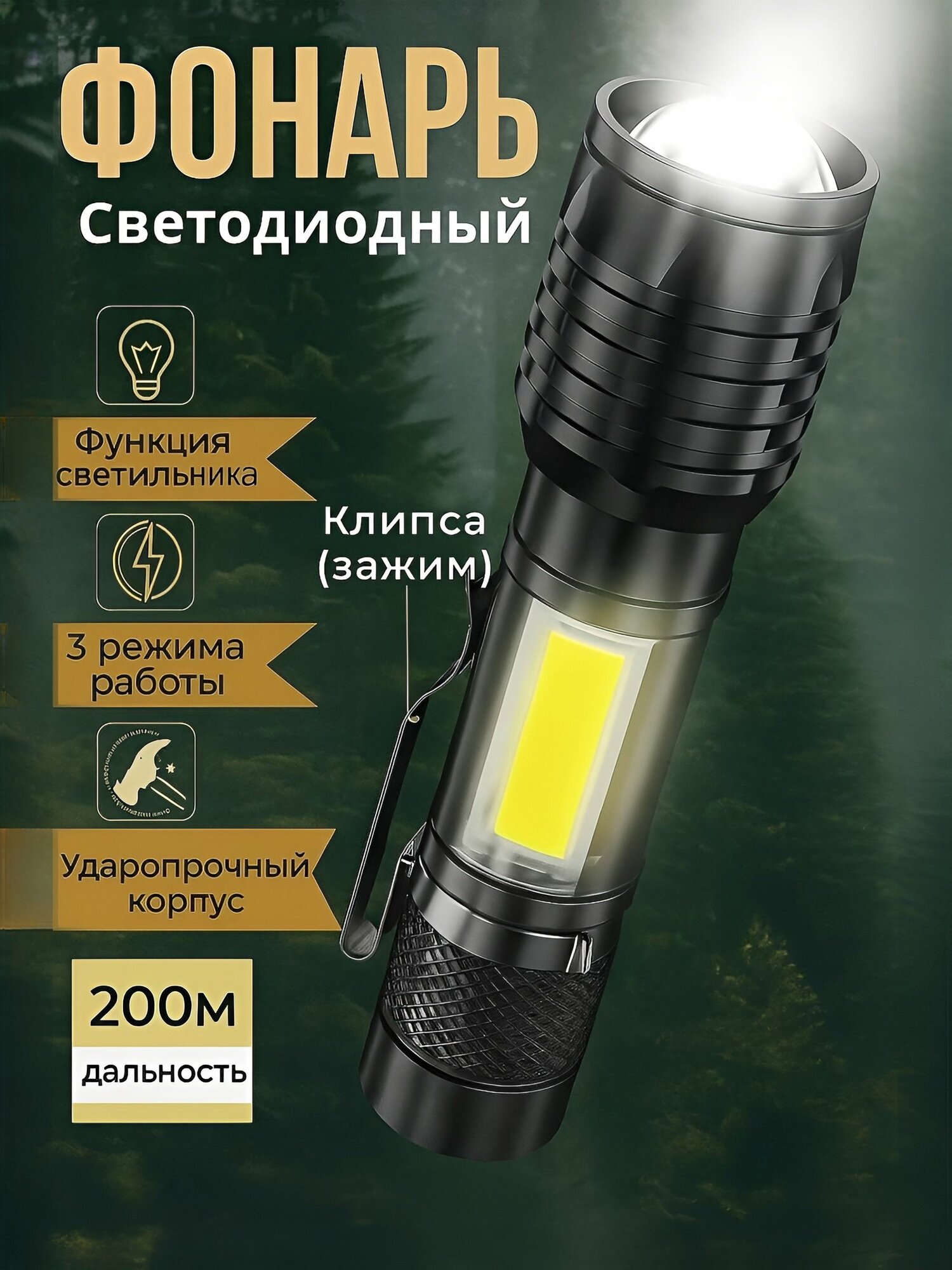 Фонарь ручной светодиодный с фокусировкой, компактный и сверхъяркий, с зарядкой от microUSB