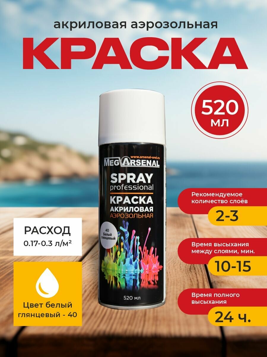 Краска акриловая аэрозольная MegArsenal белый глянцевый 40 520мл