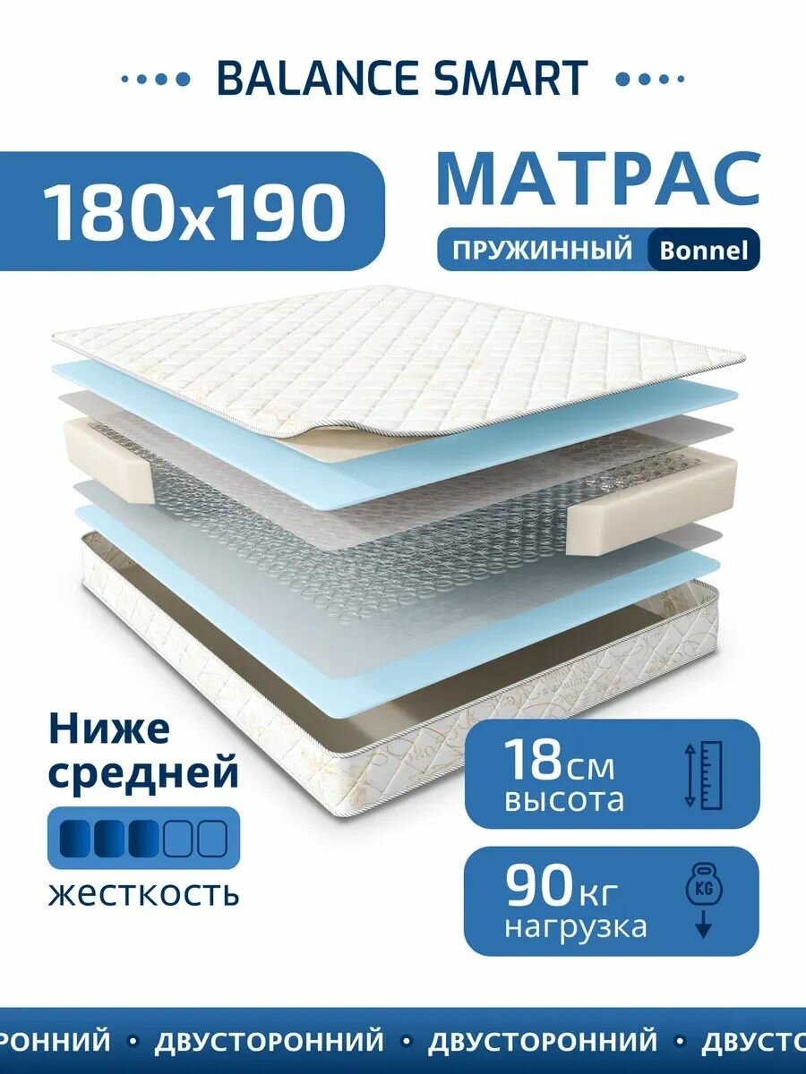 Матрас ортопедический пружинный 180x190 см BALANCE SMART, Зависимые пружины, высота 18 см, 1 шт, белый
