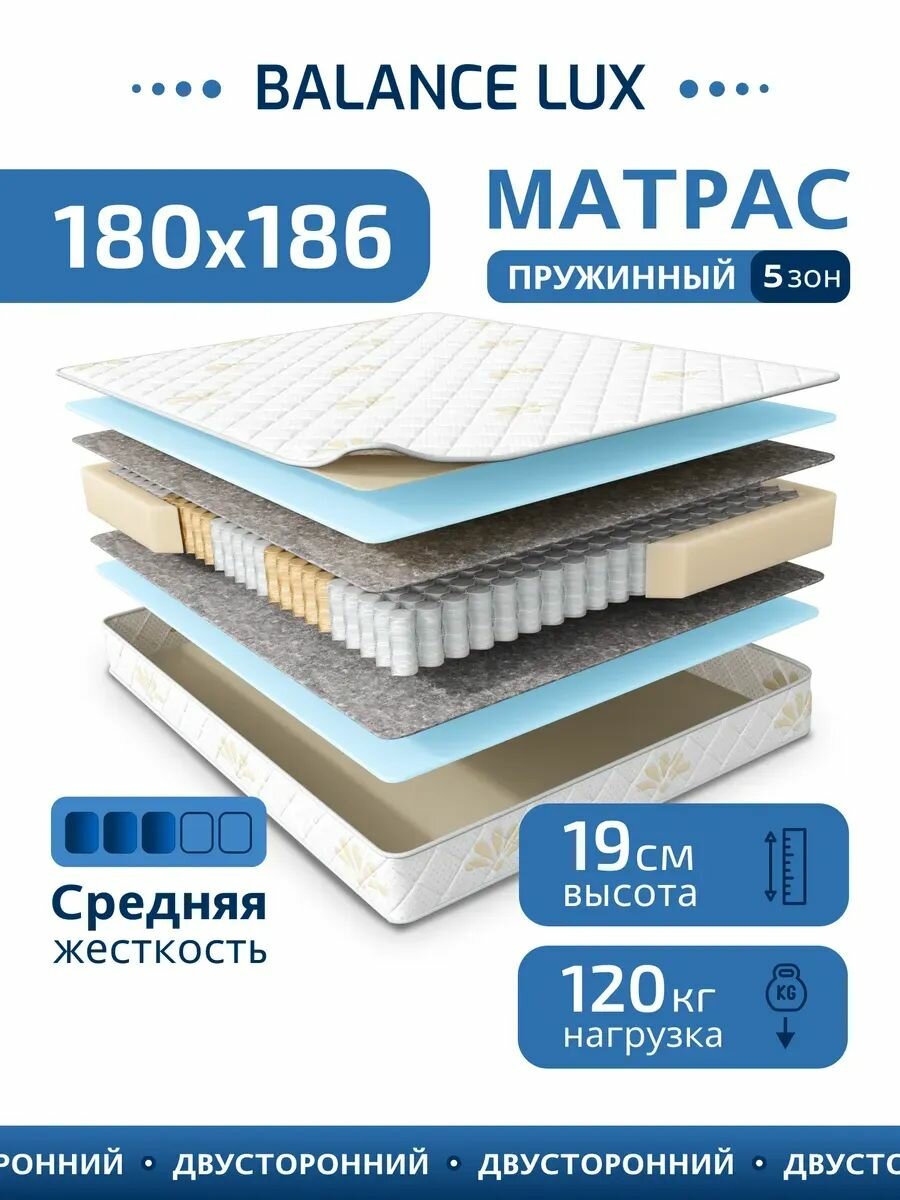 Матрас ортопедический пружинный 180x186 см BALANCE LUX, Независимые пружины, высота 17 см, 1 шт, белый
