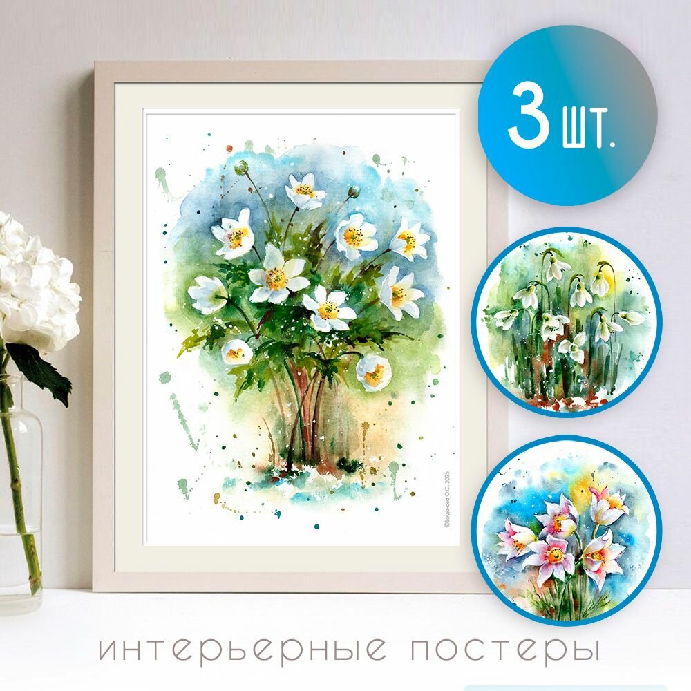 Набор интерьерных постеров "Первоцветы: ветреница, подснежники, сон-трава"