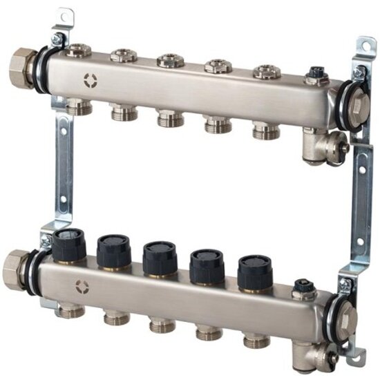 Коллектор Oventrop Multidis SHR, 5 выходов, 1"x 3/4" ЕК, PN 10, с регулирующими вентильными вставками