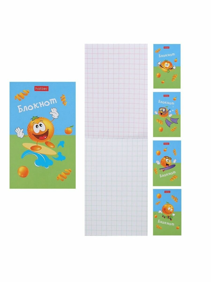 Блокнот 65*100 мм 48листов, клетка цветная Апельсинчик 5 штук