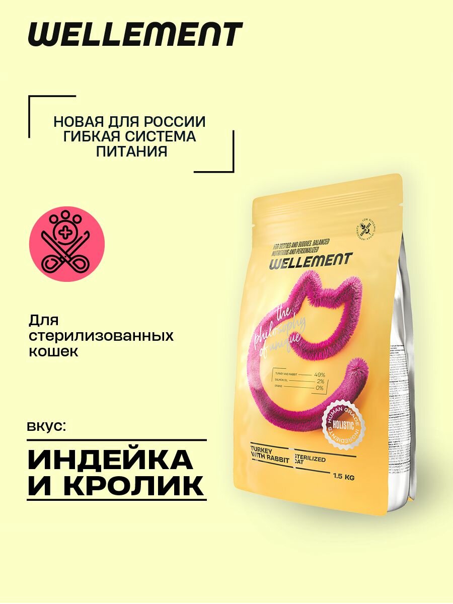Беззерновой сухой корм холистик Wellement для стерилизованных кошек с индейкой и кроликом, 1,5 кг
