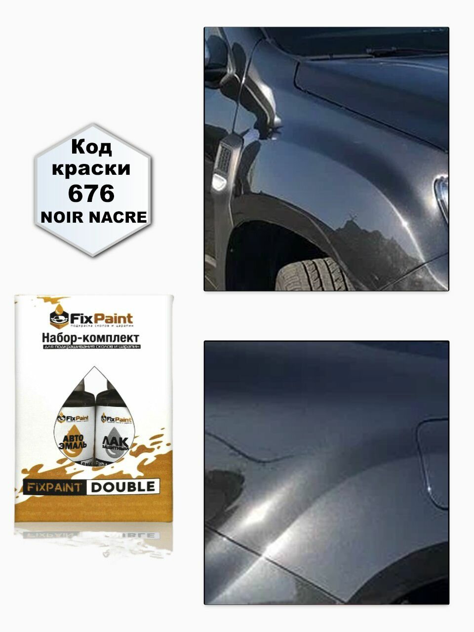 Подкраска RENAULT DOKKER, код 676, NV676, Z20, NOIR NACRE, набор FixPaint Double, краска и лак для подкраски сколов и царапин
