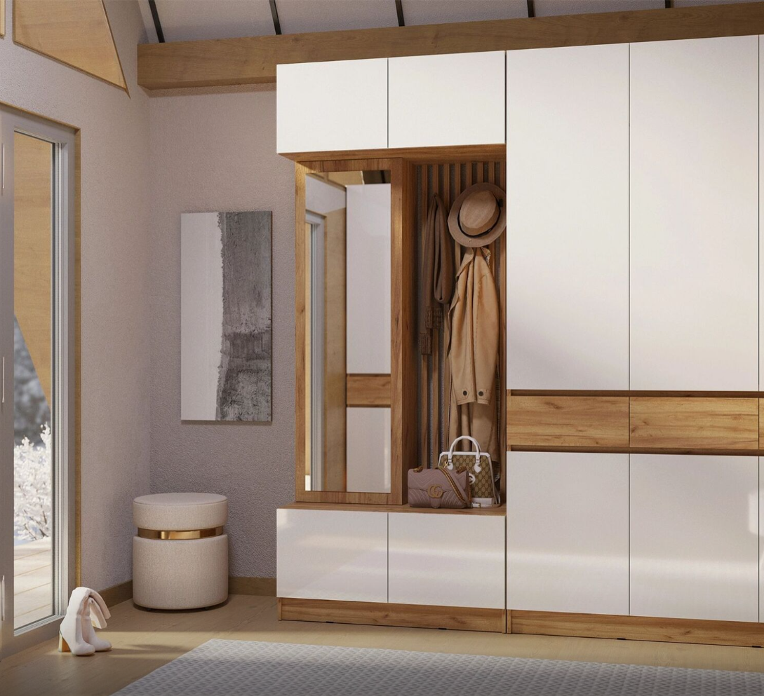 Прихожая Роджина Миф 2 метра. ЛДСП Дуб Крафт золотой/белый глянец