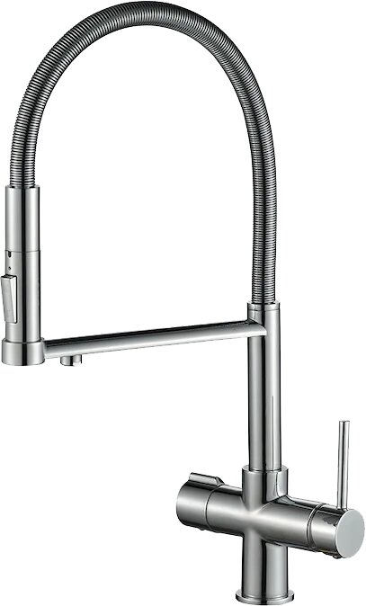 Смеситель для кухни Steel Hammer SH 2002 CR с гибким изливом, с краном для питьевой воды, с поворотным изливом, хром, глянцевый, однорычажный, латунный, с керамическим картриджем