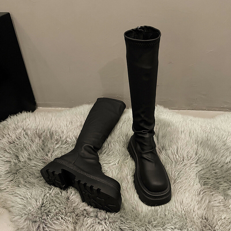 Длинные сапоги на толстой подошве для женщин, осень-зима, новые, ретро, тонкие, высокие, до колена, рыцарские сапоги