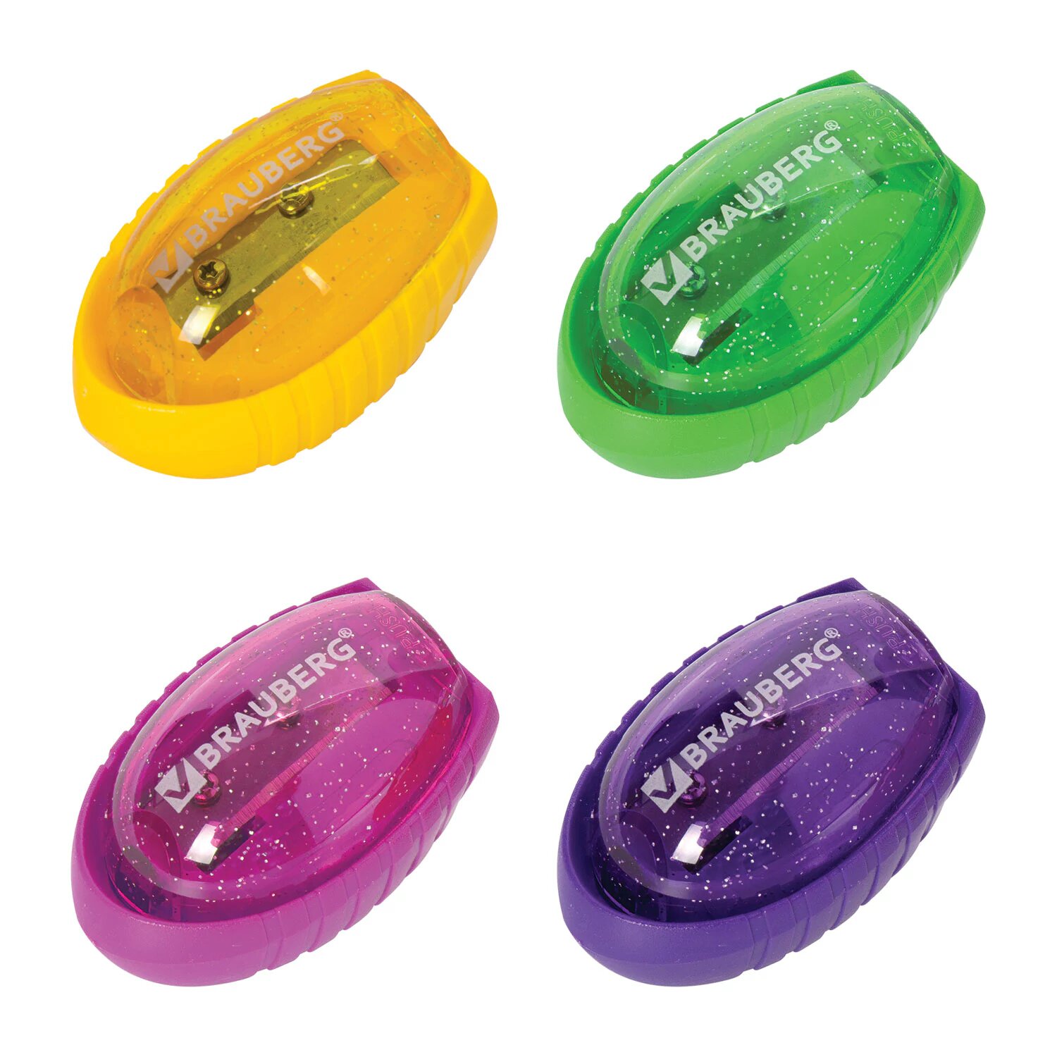 Упаковка 24 шт. Точилка BRAUBERG "Shuttle", с контейнером, эллиптическая, ассорти, в картонном дисплее, 222505