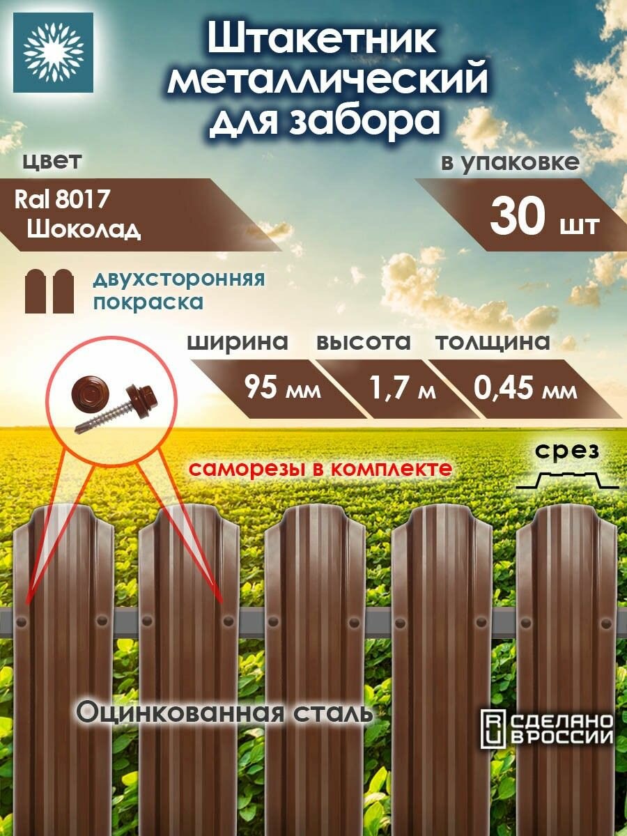 Металлический штакетник двухсторонний П-образный 1,7 м, 30 шт, RAL 8017