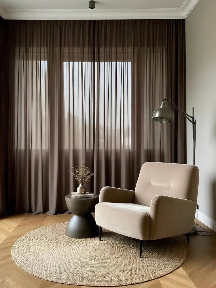 Тюль Кружева Агата высота 250 см, ширина 280 см, крепление - Лента, темно-коричневый