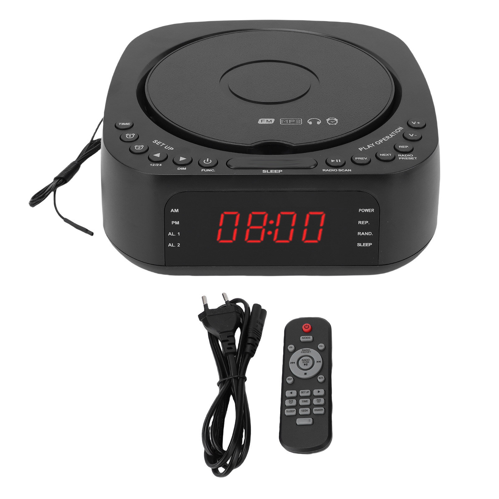 CD Player Alarm Clock USB Charging Dimmable Display Desktop Bluetooth Radio CD Player with Speaker Remote Control for Bedroom EU Plug