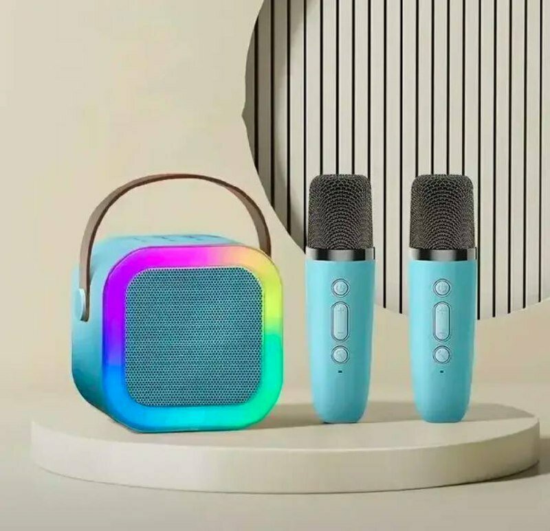 Детская караоке система/С двумя беспроводными микрофонами и колонкой (голубая)/( Живой вокал, Портативная колонка)