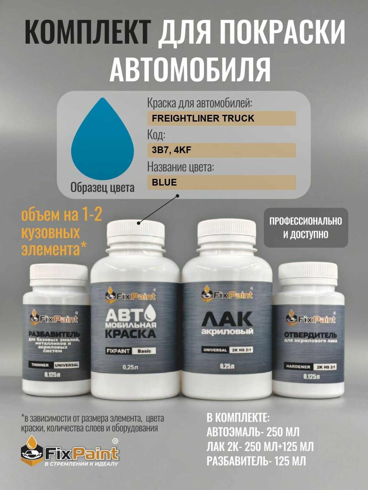 Комплект для покраски FREIGHTLINER TRUCK, код 3B7, 4KF, BLUE, базовая автомобильная эмаль 250 мл, лак 2K 250 мл с отвердителем, разбавитель 125 мл, FixPaint Pro