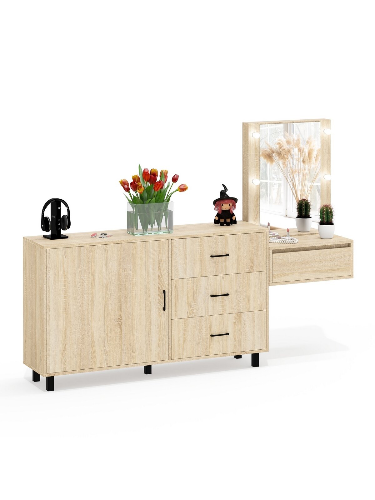 Стол косметический навесной с подсветкой и комод 122-1504, дуб сонома, 211х38,4х150 см.