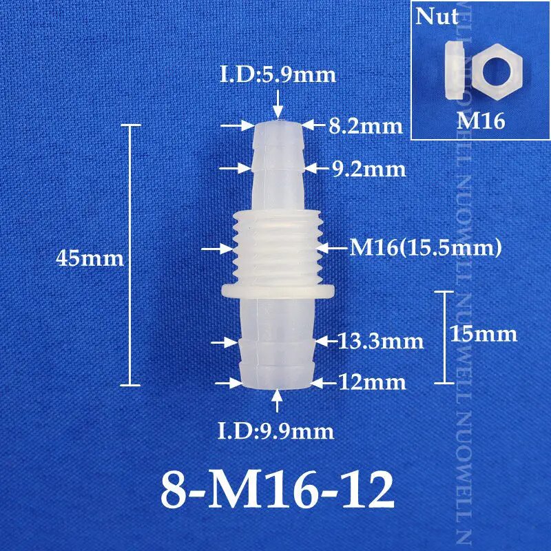 Прямые соединители PP M12~M16 8~12мм для аквариума Синий, 8-M16-12, 5pcs With Nuts