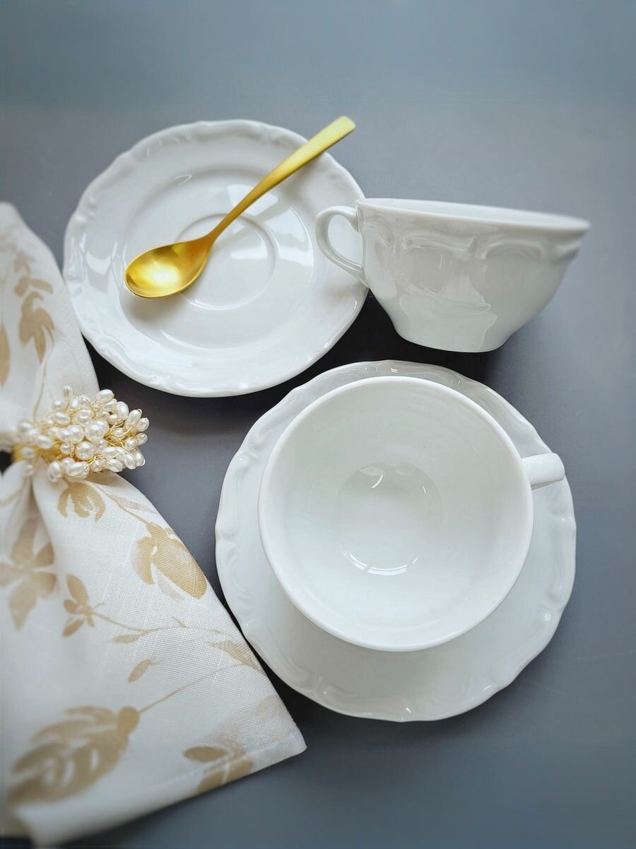 Набор чайные пары белые, с блюдцем Porland "Maria" 2 шт, 180 мл. Ударопрочный, профессиональный фарфор. Для чая, кофе, капучино, латте.