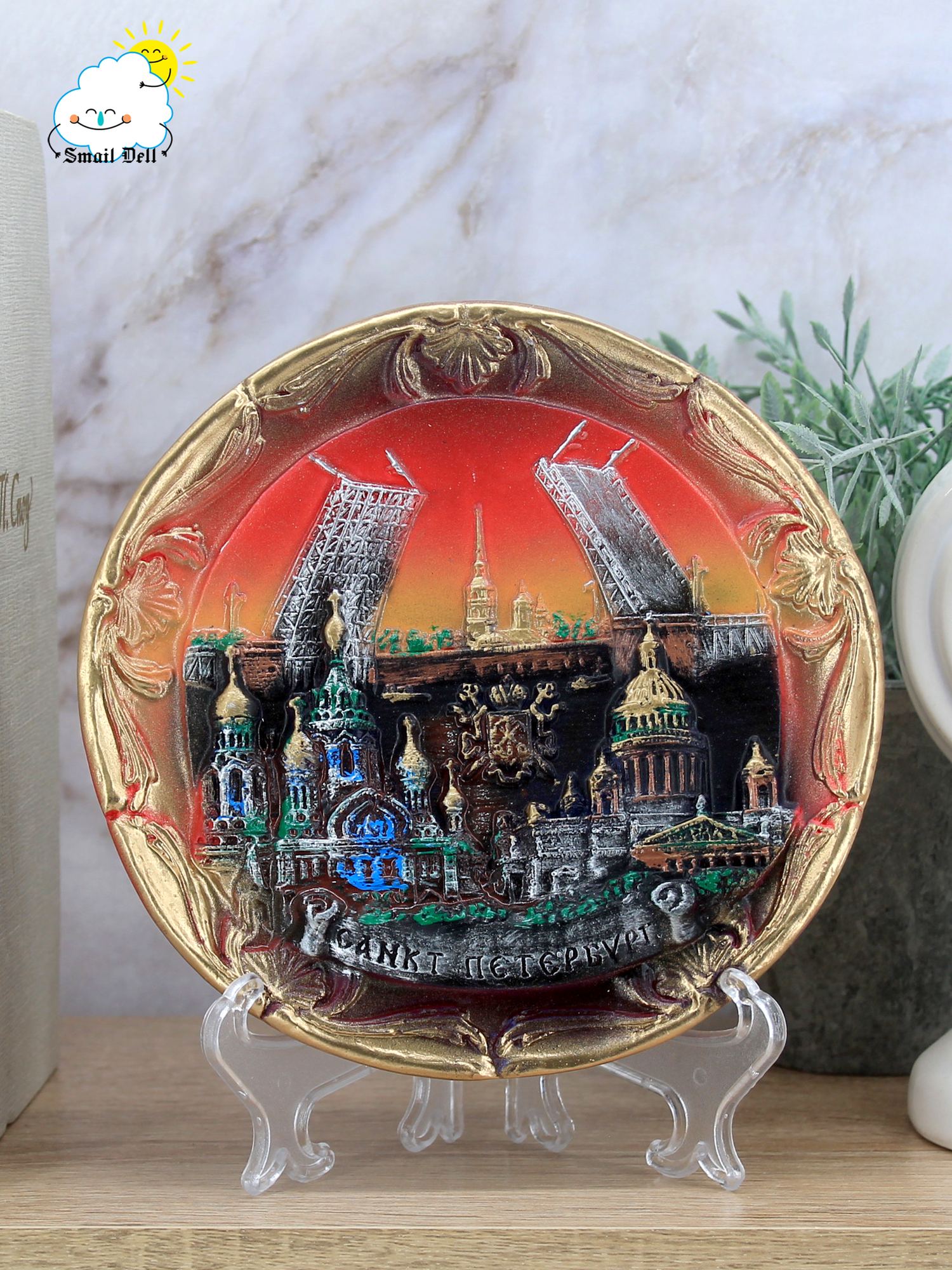 Сувенирная Тарелка Панно на подставке Достопримечательности Санкт-Петербурга , рельефная , 15 см , ручная роспись , гипс