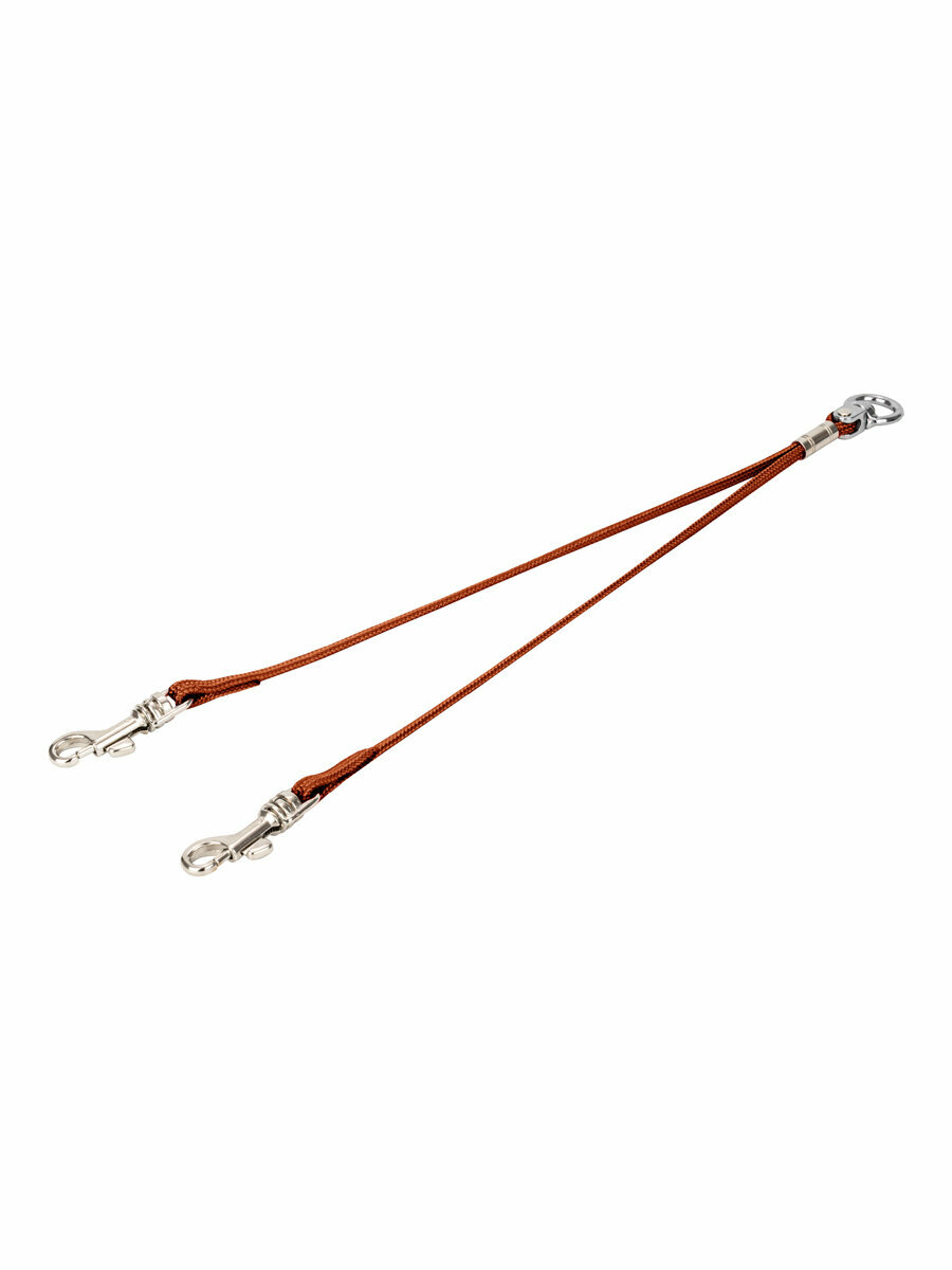 Сворка поводок для двух собак регулируемая с вертлюгом, длина 28 см, лента-чулок ширина 5 мм, светло-коричневая, ZooOne