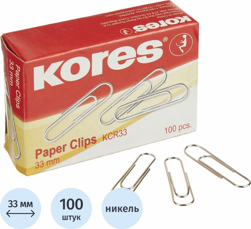 Скрепки канцелярские 33 мм Kores металлические никелированные (100 штук в упаковке)