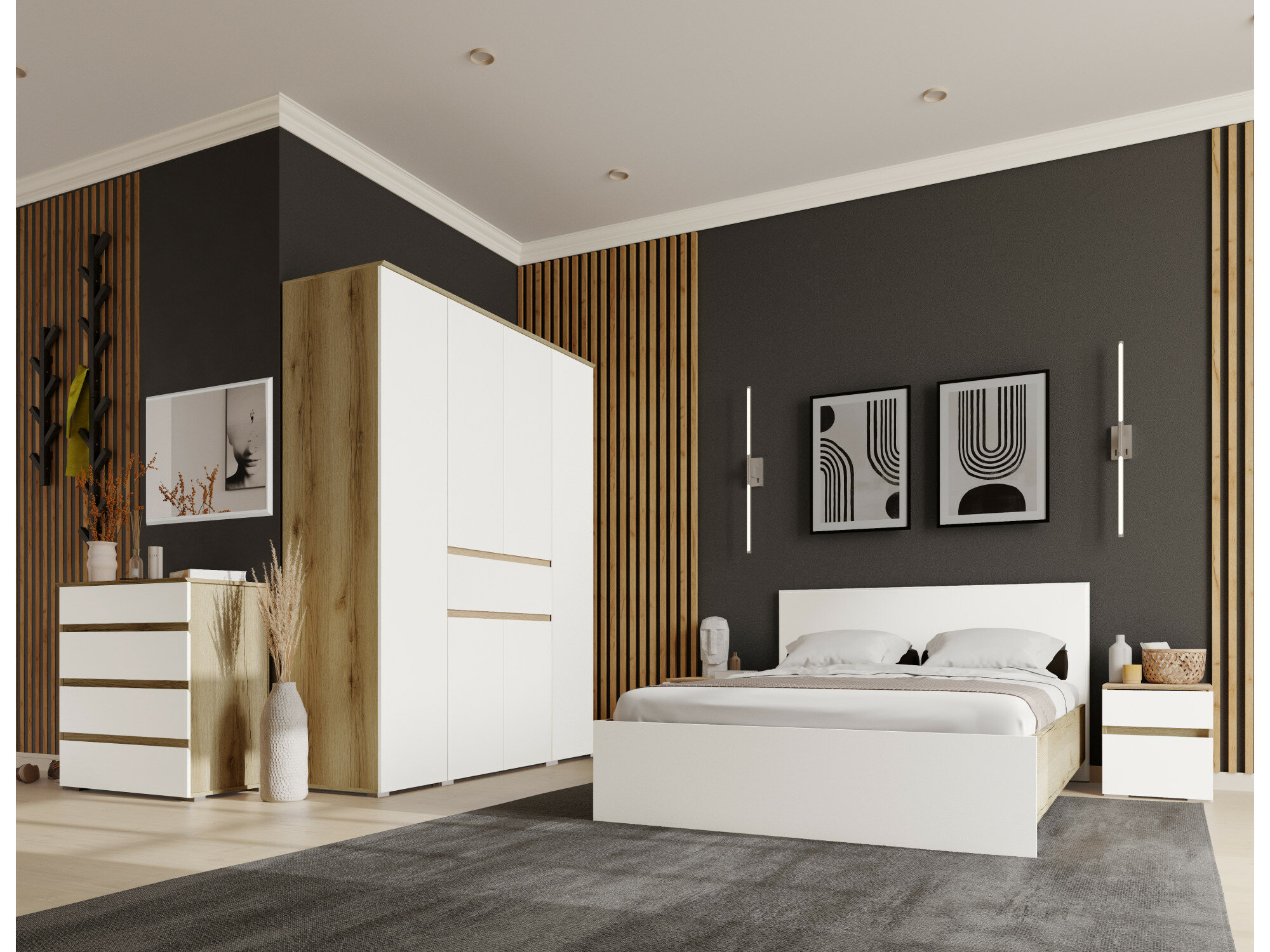 Модульная спальня в современном стиле, набор 2, Дуб делано/Белый