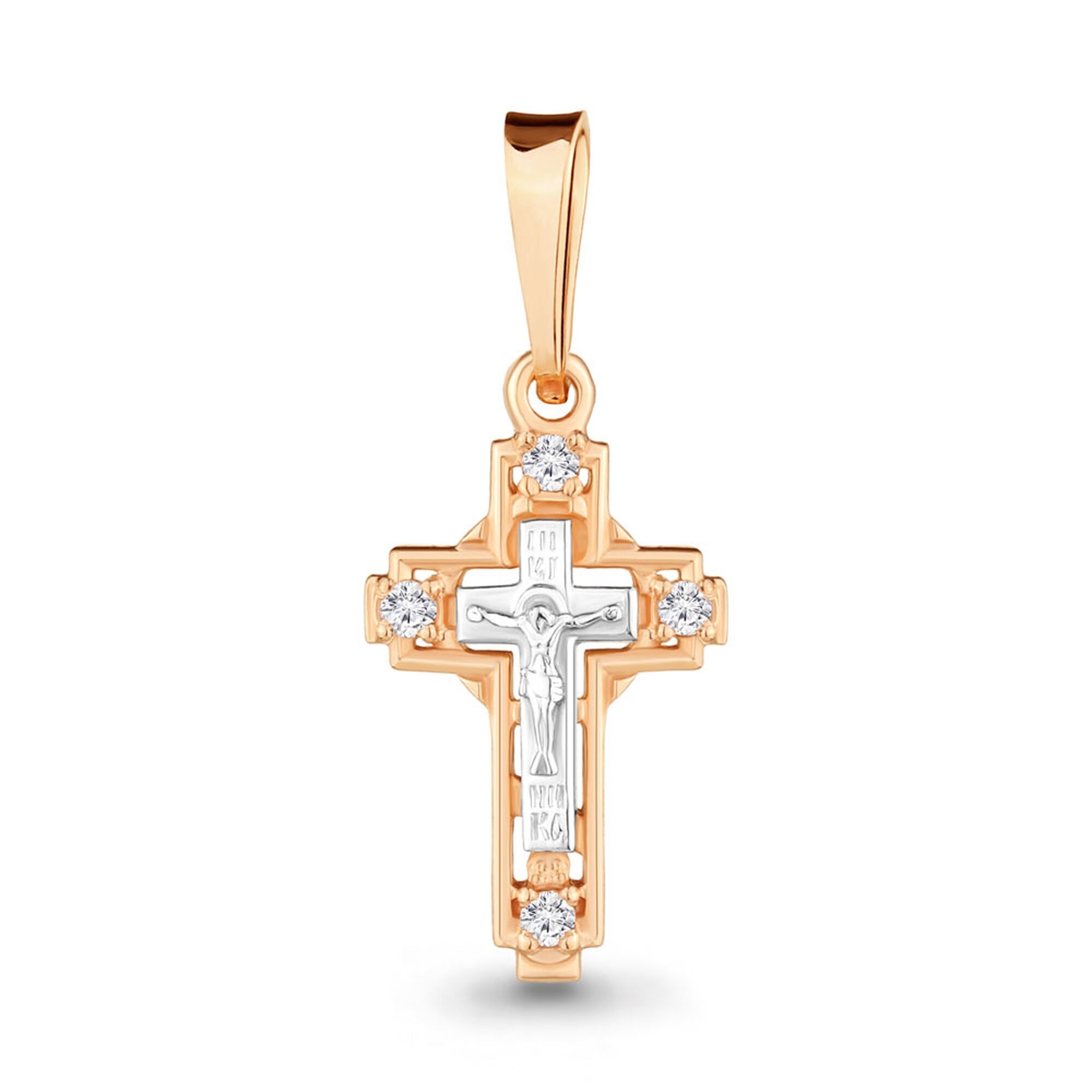 Крестик, красное золото, 585 проба, фианит