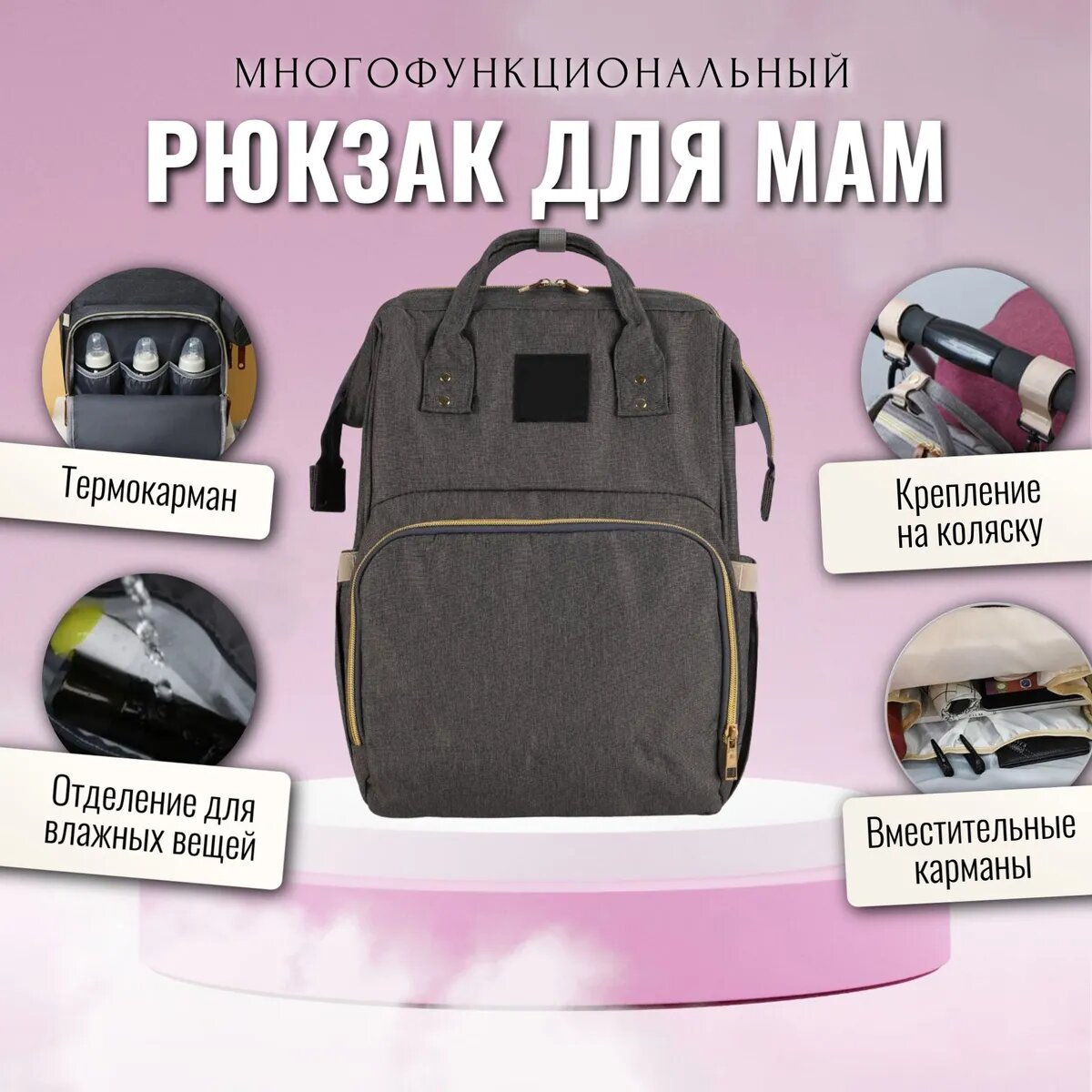 Сумка-рюкзак для мам Maitedi / Сумка на коляску / Универсальный рюкзак для мамы дорожный, серый