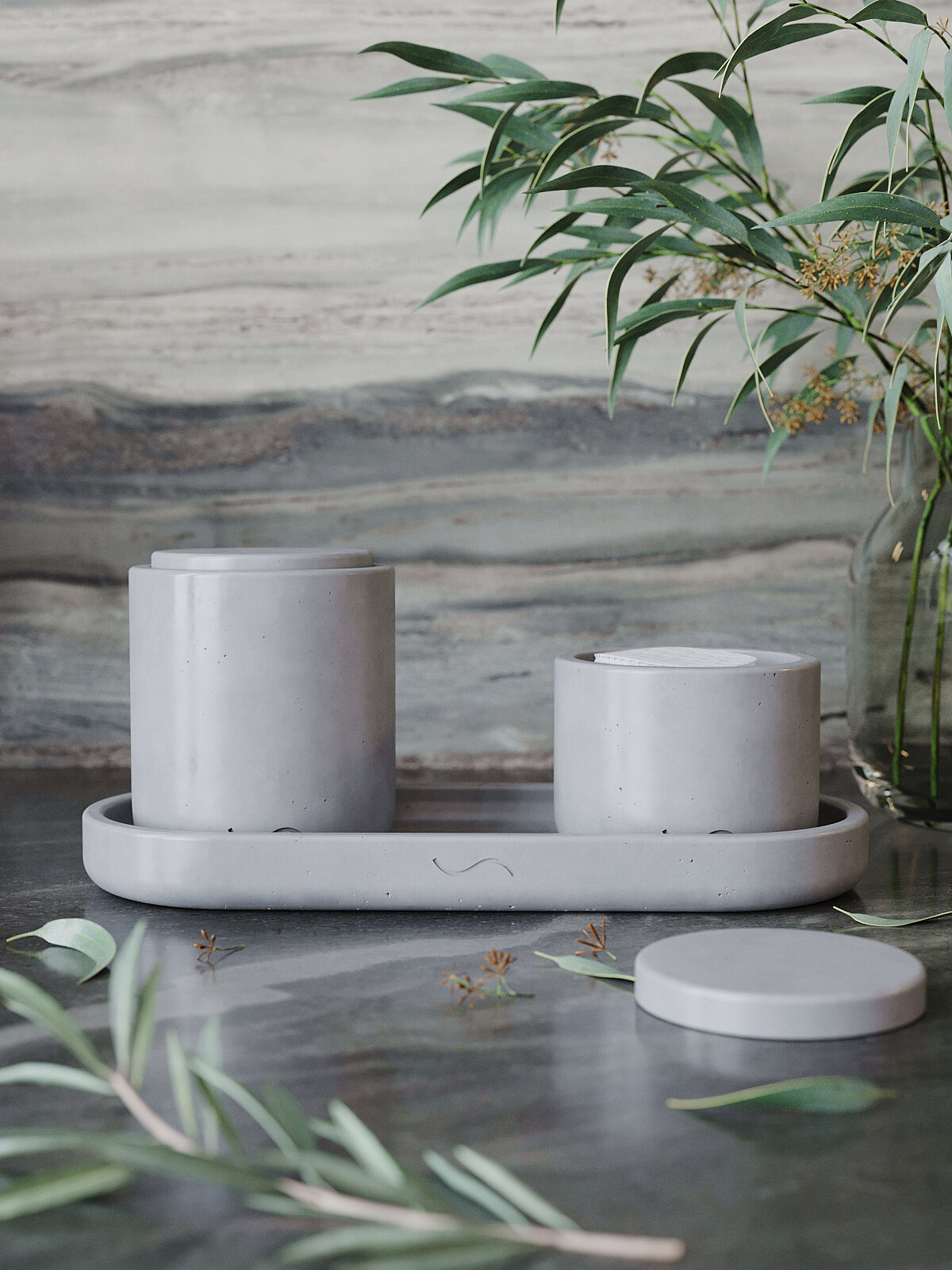 Набор для ванной №11 (поднос S, 26х11 см, подставки для ватных палочек и дисков XS + S), бетон, серый глянцевый