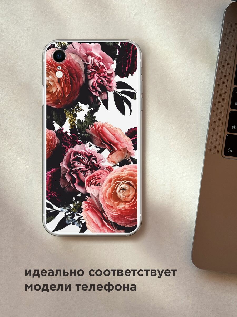 Чехол на Apple iPhone XR / Айфон XR с принтом "Бордовые винтажные цветы", прозрачный — фото 1