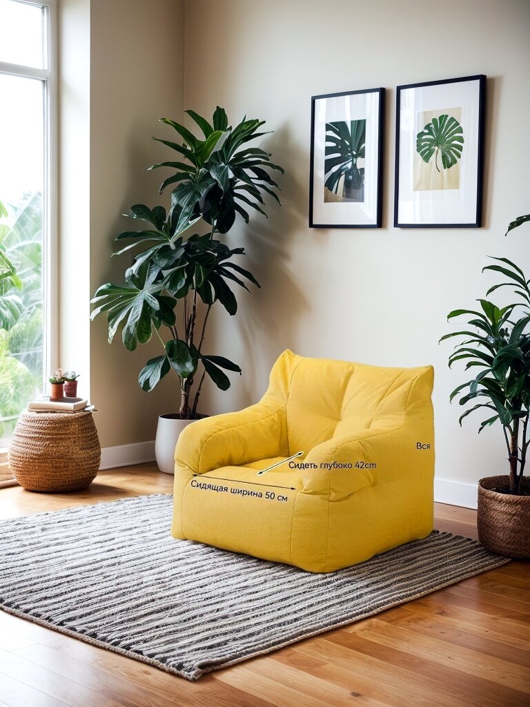 Кресло-мешок "Хлопок и Лен", пенополиэтиленовый наполнитель, бескаркасное, желтое