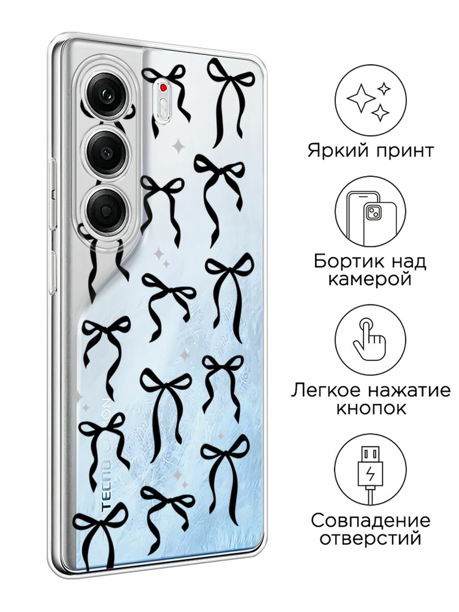 Чехол на Tecno Camon 40 Pro / Текно Камон 40 Про с принтом "Black bows", прозрачный — фото 1