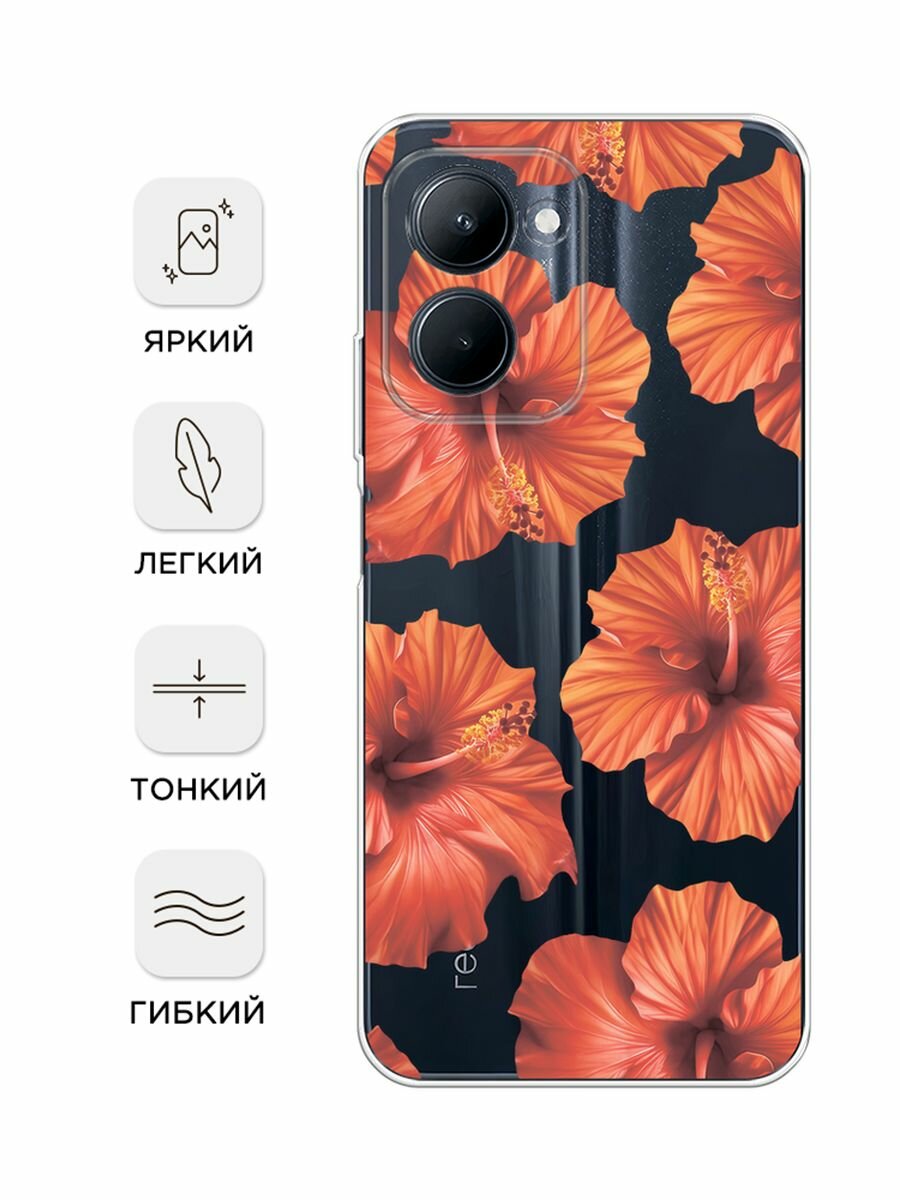 Чехол на Realme C33 / Реалми С33 с принтом "Рыжие гибискусы", прозрачный — фото 1