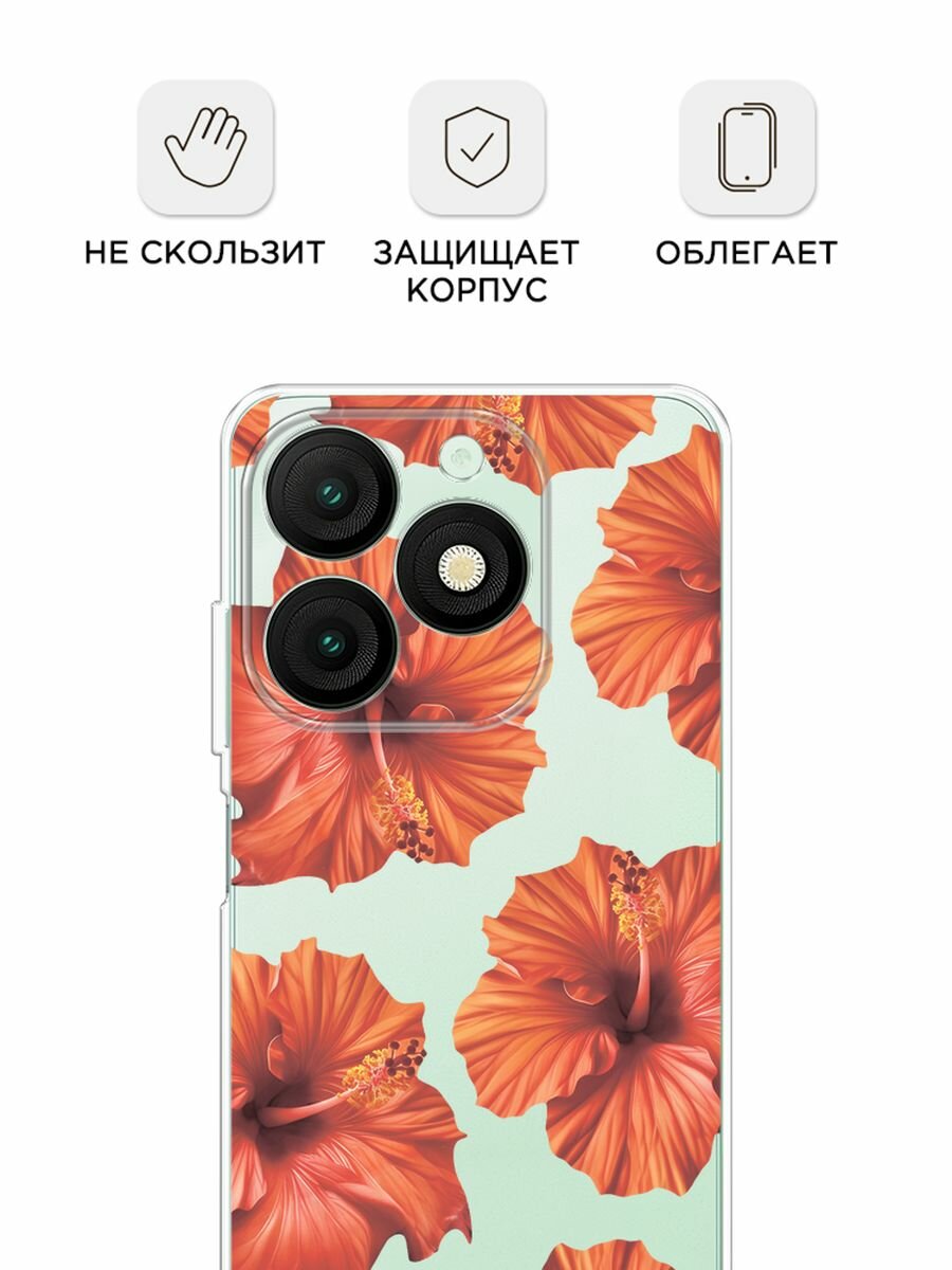 Чехол на Itel A50 / Ител А50 с принтом "Рыжие гибискусы", прозрачный — фото 1