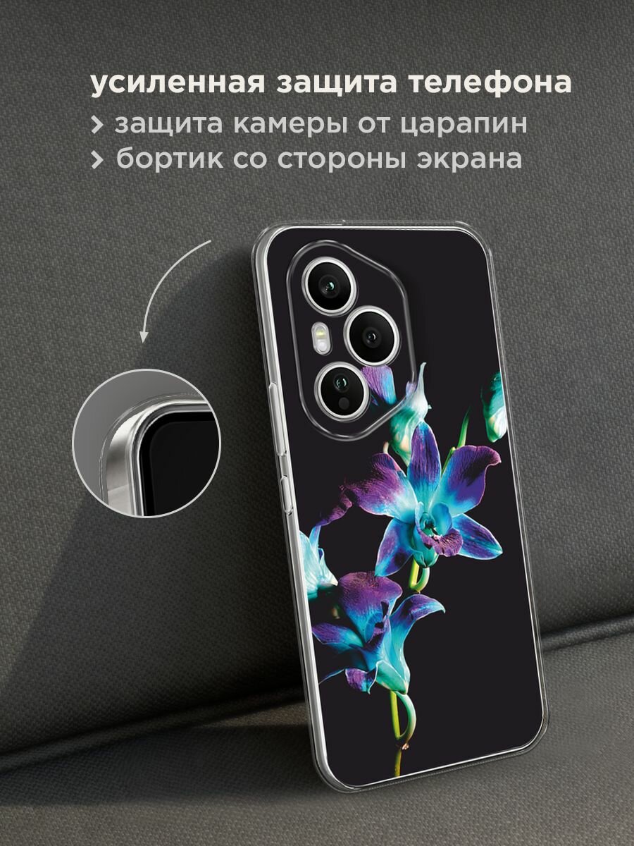 Чехол на Honor 400 Pro / Хонор 400 Про с принтом "Синий цветок на черном" — фото 1