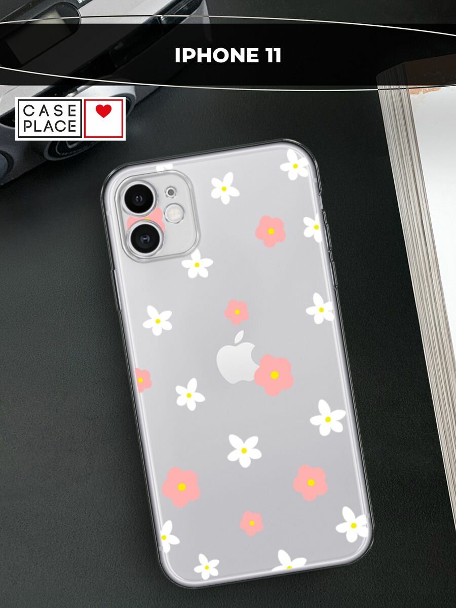 Чехол на Apple iPhone 11 / Айфон 11 с принтом "Розовые и белые цветы", прозрачный