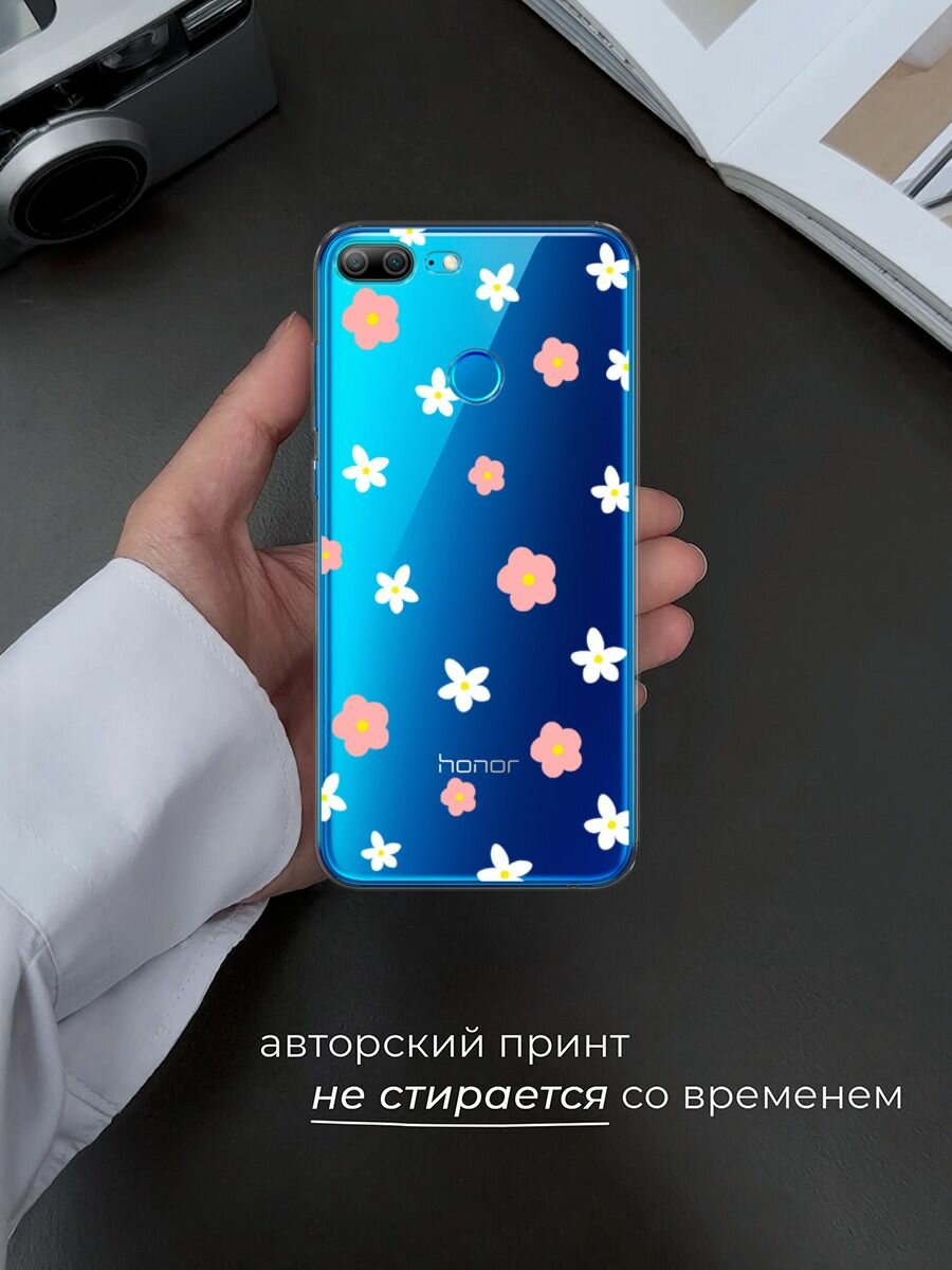 Чехол на Honor 9 Lite / Хонор 9 Лайт с принтом "Розовые и белые цветы", прозрачный — фото 1