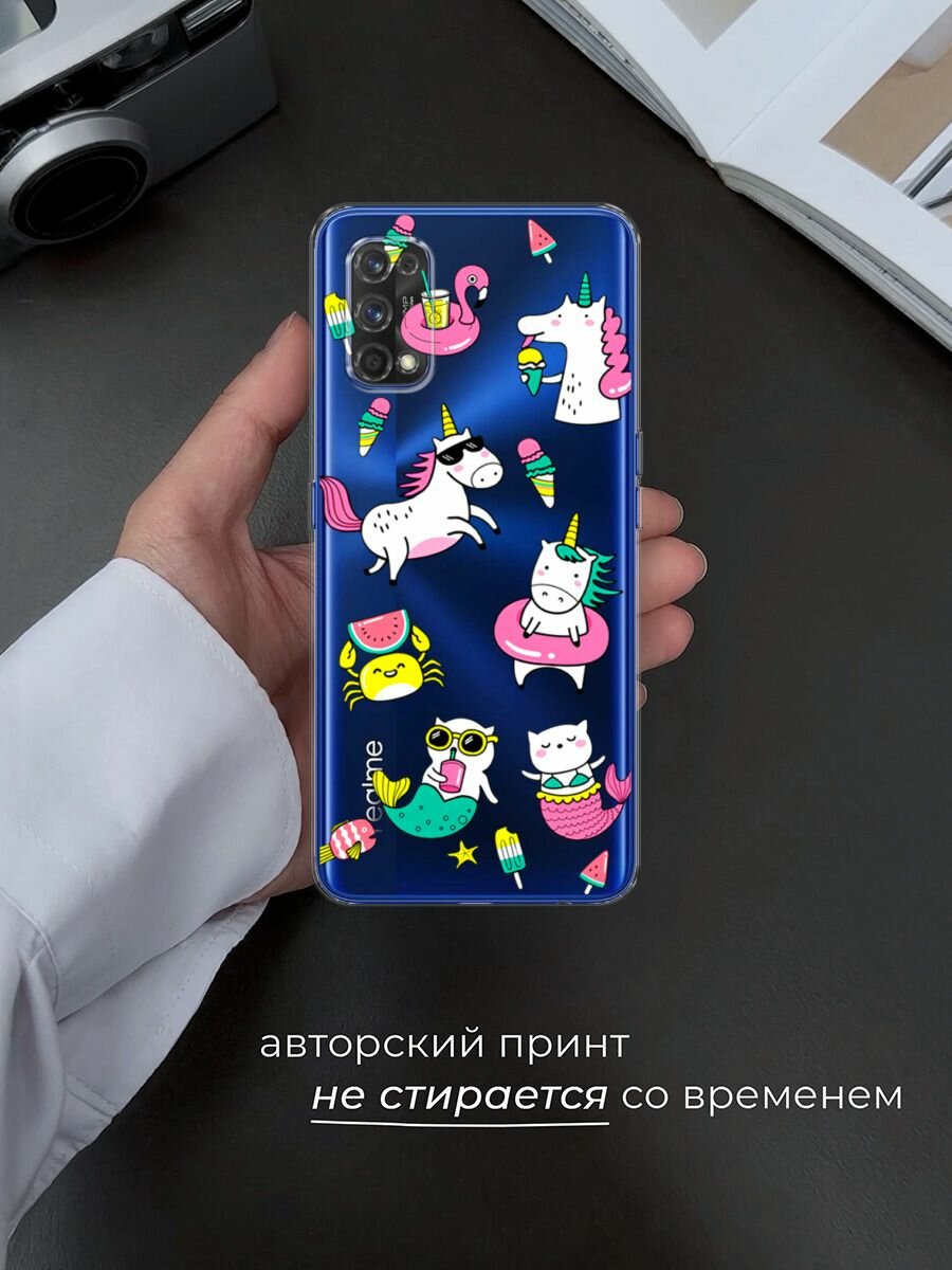 Чехол на Realme 7 Pro / Реалми 7 Про с принтом "Единороги в отпуске", прозрачный — фото 1