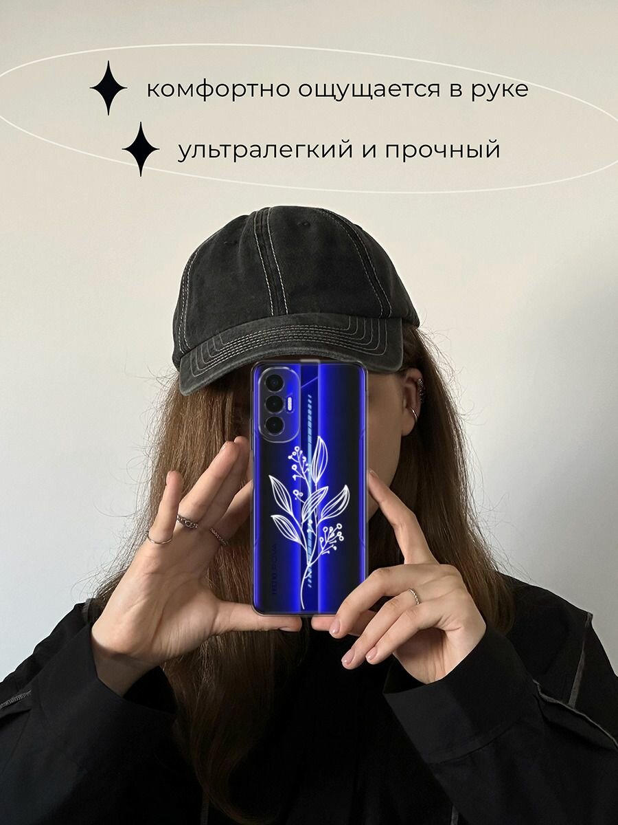 Чехол на Tecno Pova 3 / Текно Пова 3 с принтом "Ветка с листочками и цветами", прозрачный — фото 1