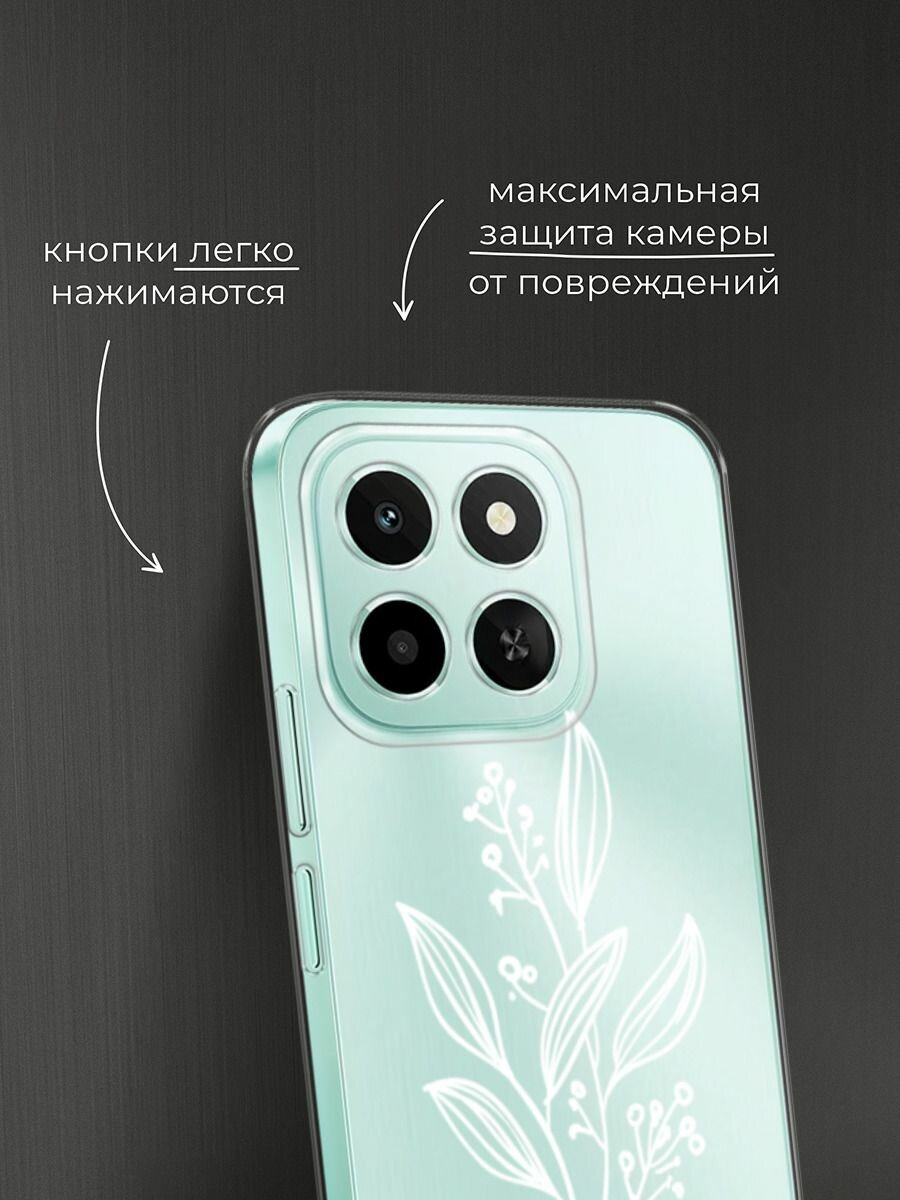 Чехол на Honor X6c / Хонор X6c с принтом "Ветка с листочками и цветами", прозрачный — фото 1