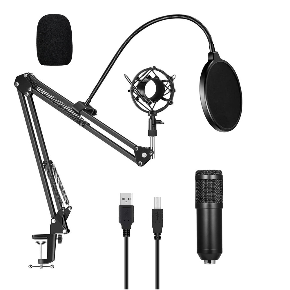 USB 192kHz/24bit Podcast Recording Microphone Kit с Boom Stand, Shock Mount, Pop Filter, USB Cable, Foam Wind Shield, Manual для Gaming, Chatting, Speech, Recording, Streaming, 16mm Condenser, Frequency Response 100Hz-18000Hz, Sensitivity -42dB+/-3dB,