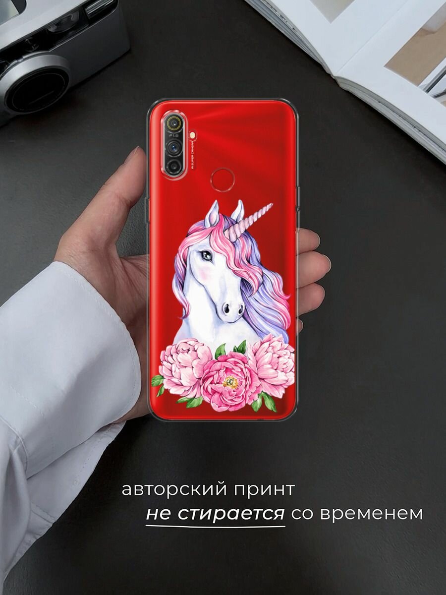 Чехол на Realme C3 / Реалми C3 с принтом "Единорог с пионами", прозрачный — фото 1