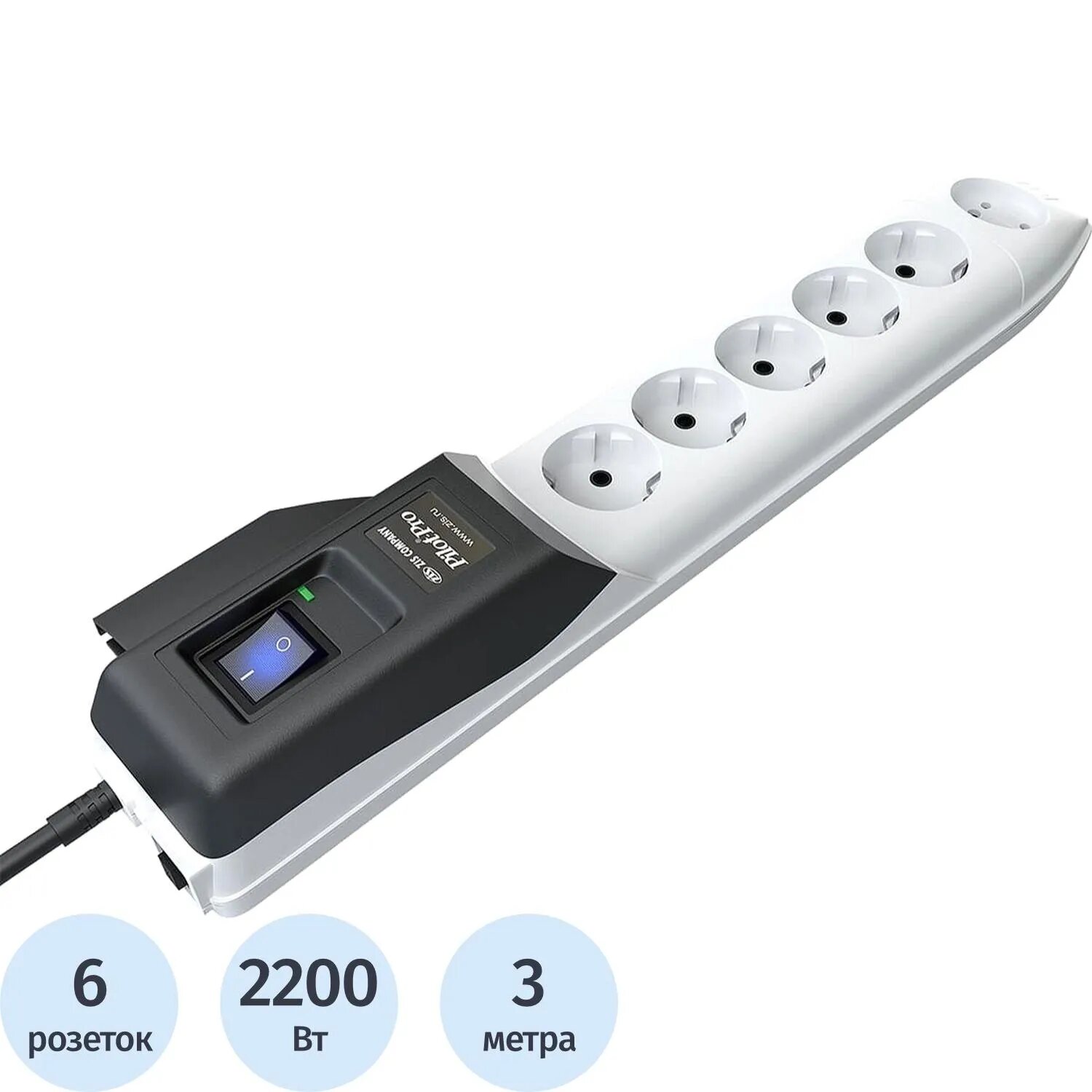 Сетевой фильтр PILOT PRO 3м (10А/2200Вт/6р) серый