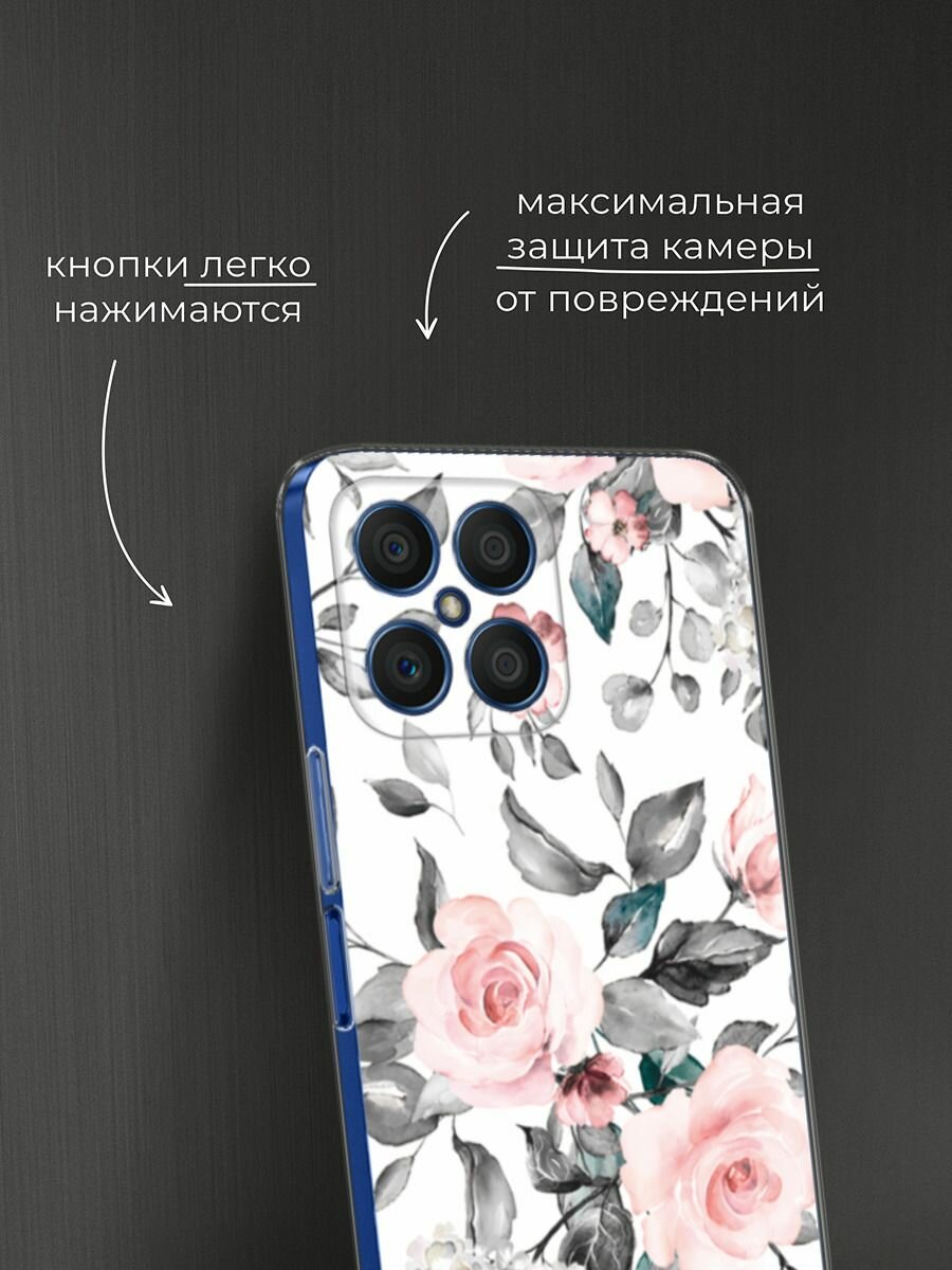 Силиконовый чехол на Honor X8 / Хуавей X8 с принтом "Розы на белом" — фото 1