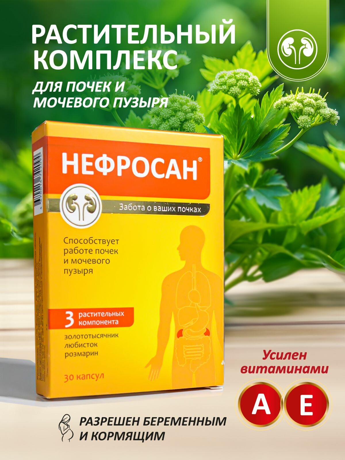 Для почек Нефросан золототысячник, любисток, розмарин, витамины А и Е. БАД для беременных и кормящих, 30 капсул