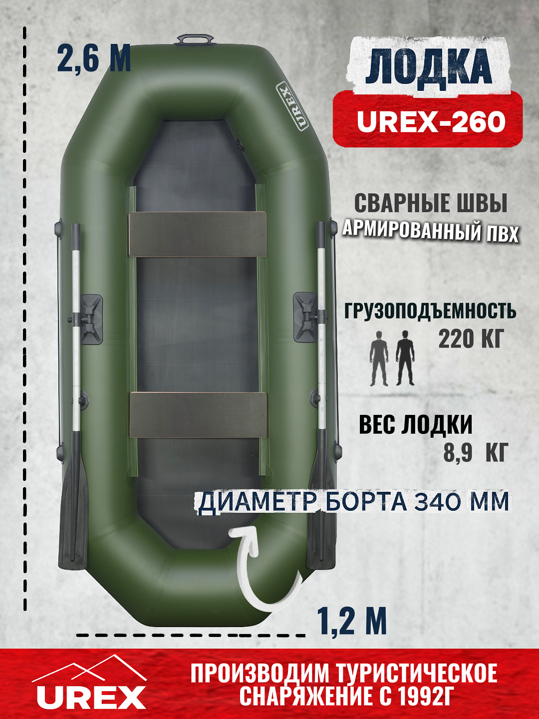 Лодка Урал-экспедиция UREX-260, армированный ПВХ, для рыбалки и туризма, 2 места