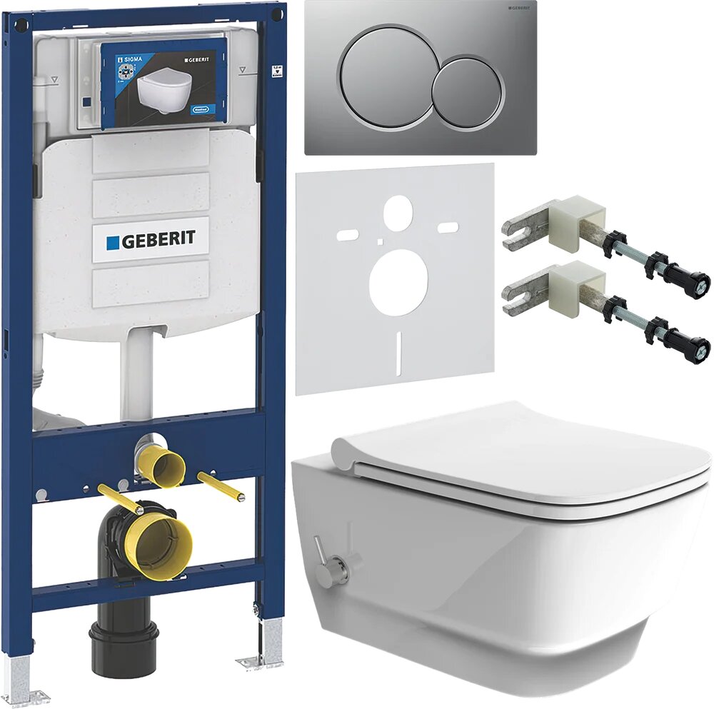Комплект 6 в 1 Унитаз подвесной Boheme Bello 971-2-W с функцией биде, белый глянцевый / Сиденье 975-W белая глянцевая / Инсталляция Geberit Duofix UP 320 111.300.00.5 (111.950.00.6), Кнопка Sigma 01