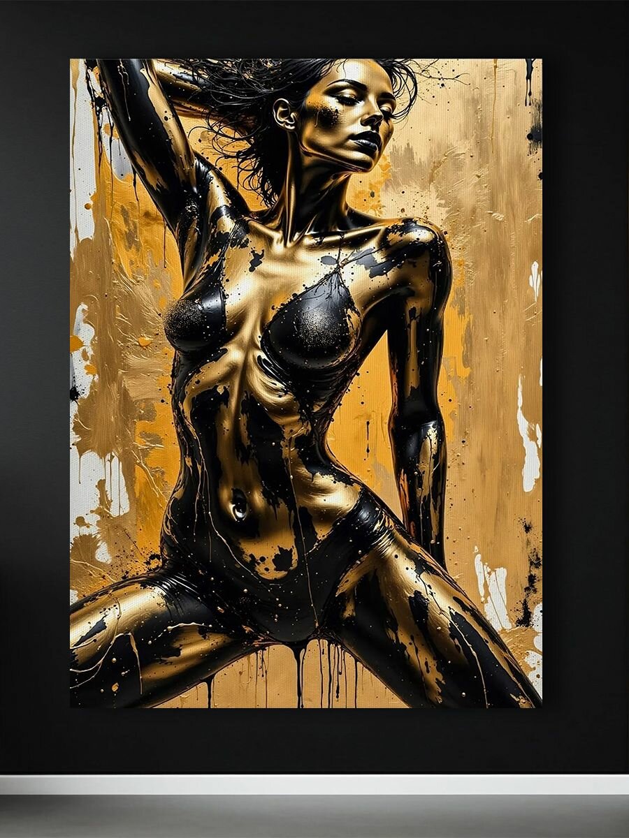 Картина на холсте - "Голые девушки в черных и золотых тонах, эротика" , 30х40 см.
