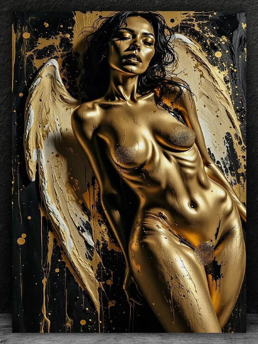 Картина на холсте - "Голые девушки в черных и золотых тонах, эротика" , 30х40 см.