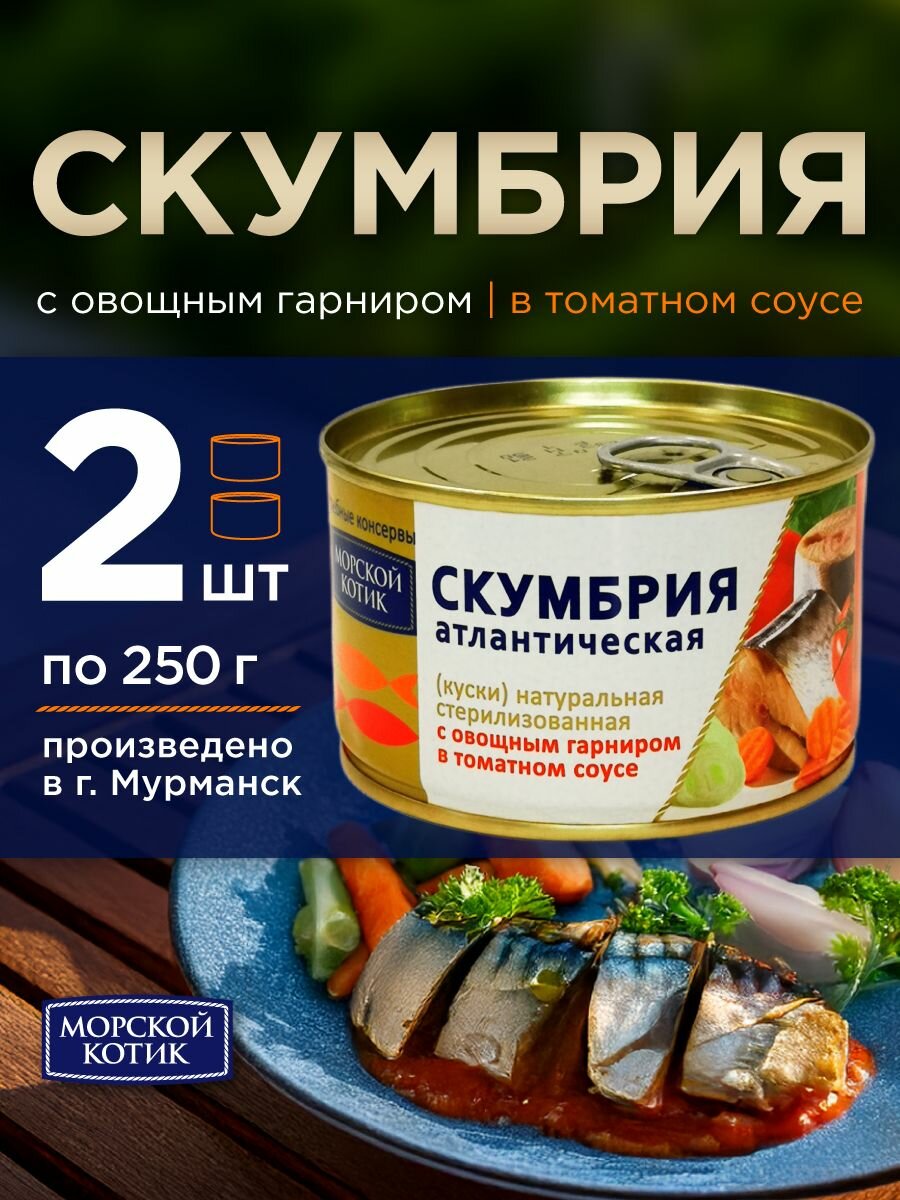 Морской котик Скумбрия атлантическая с овощным гарниром в томатном соусе 250г, набор 2 штуки
